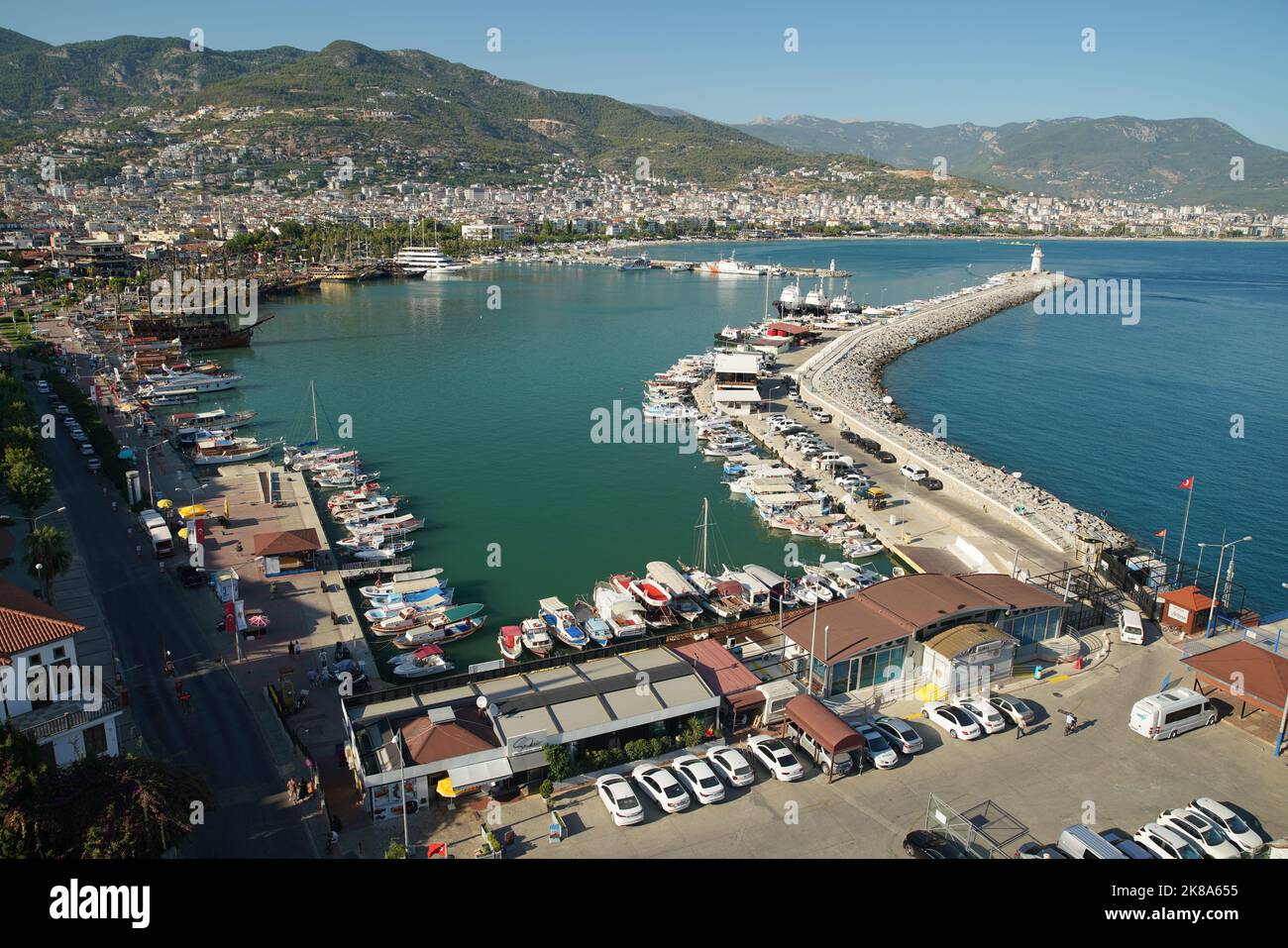 ANTALYA, TURKIYE - JULY 21, 2022: Aerial view of Alanya port where is ...