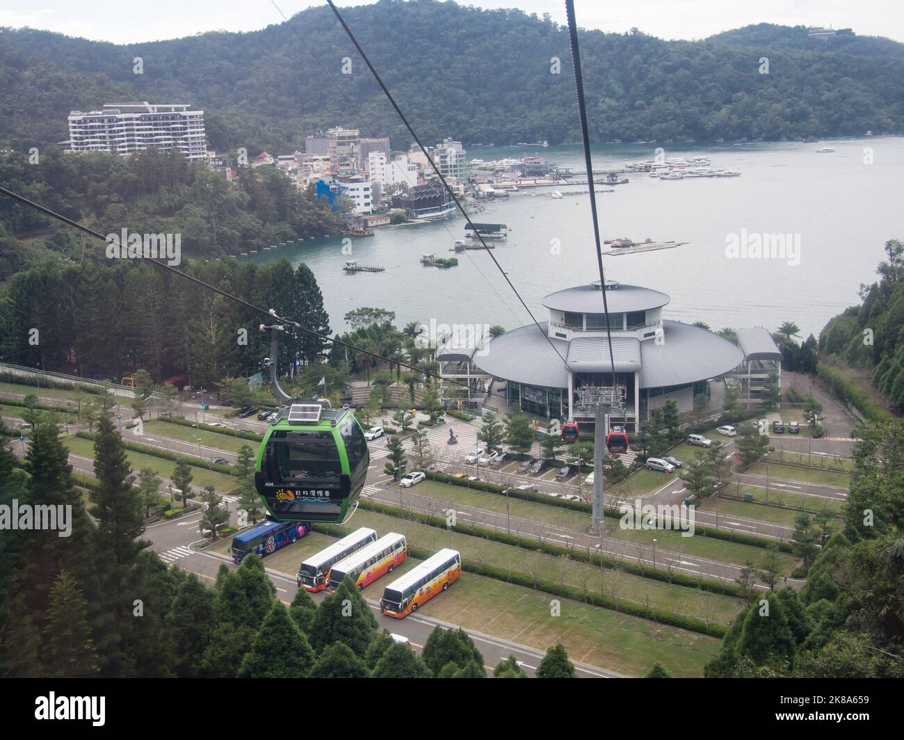 The Sun Moon Lake Ropeway station at Ita Thao from above. The ropeway ...