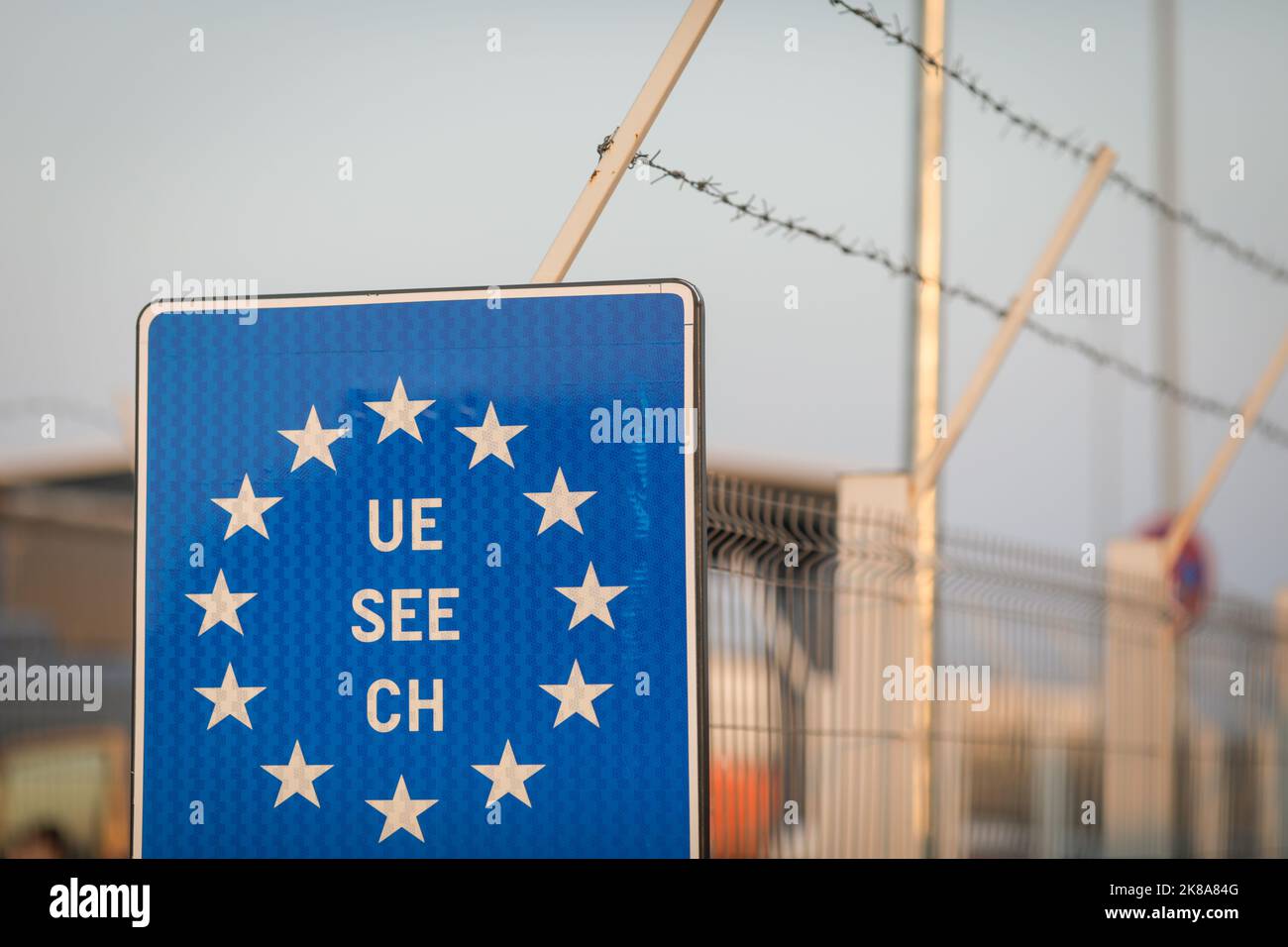 Details with an European Union flag and barbed wire at a Romanian ...