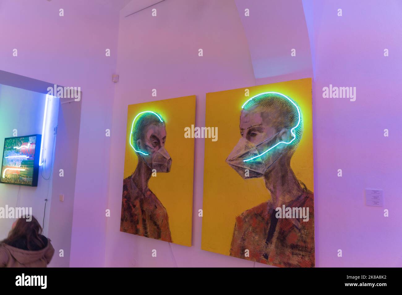 Neon light installation iside building in Prague Stock Photo - Alamy