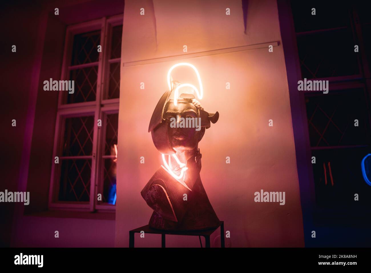 Neon light installation iside building in Prague Stock Photo - Alamy