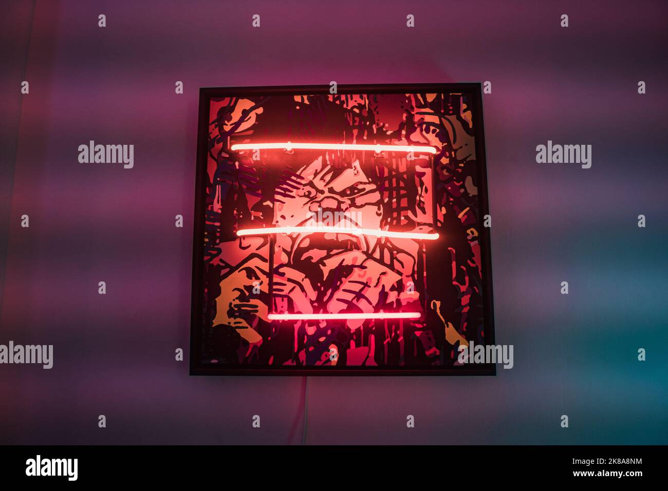 Neon light installation iside building in Prague Stock Photo - Alamy