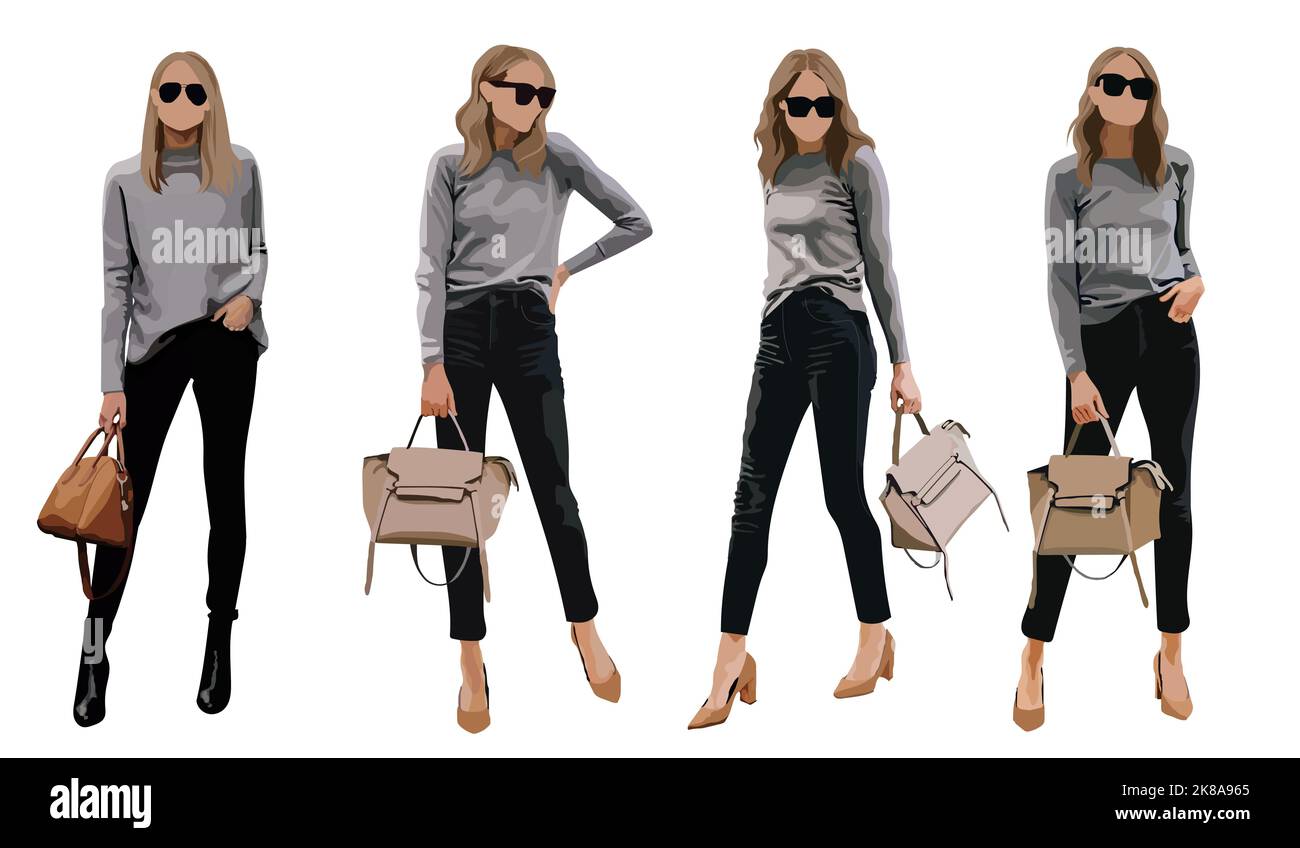 Collection of stylish young women dressed in trendy clothes set of ...