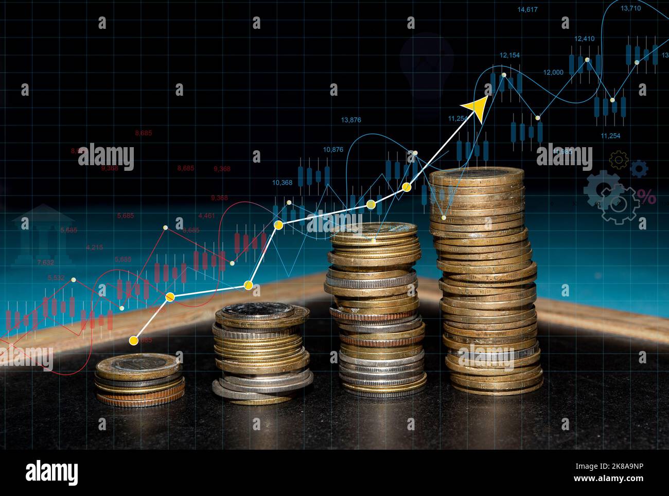 Golden coins showing stock market going up concept with chart Stock ...