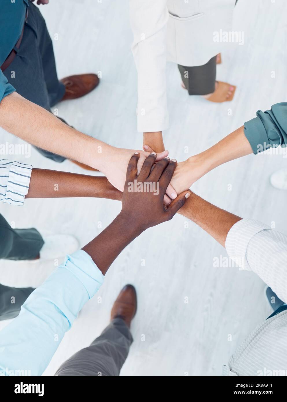 Diversity, partnership collaboration and hands of business people stack in community support ...