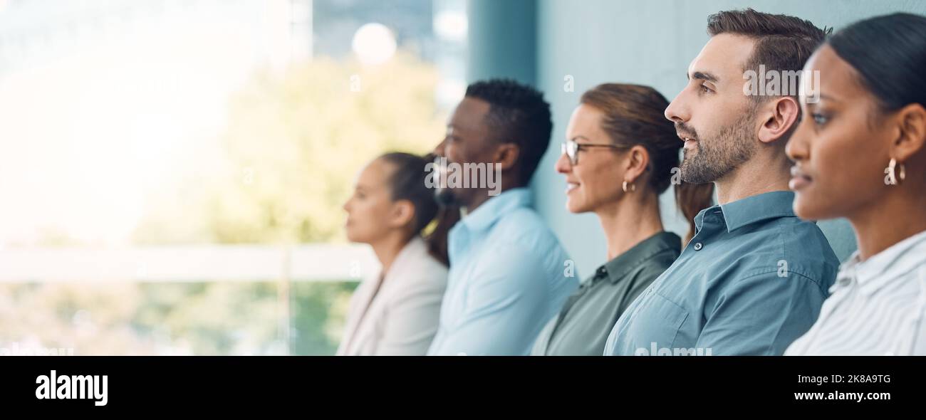 Recruitment, interview and people in queue for work at finance ...