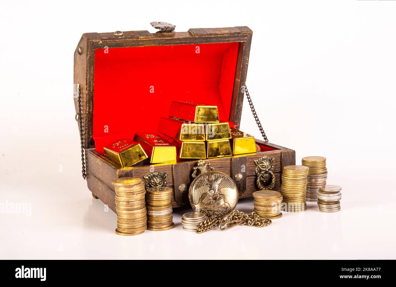 Vintage treasure theme with gold bars and coins in wooden box on white ...