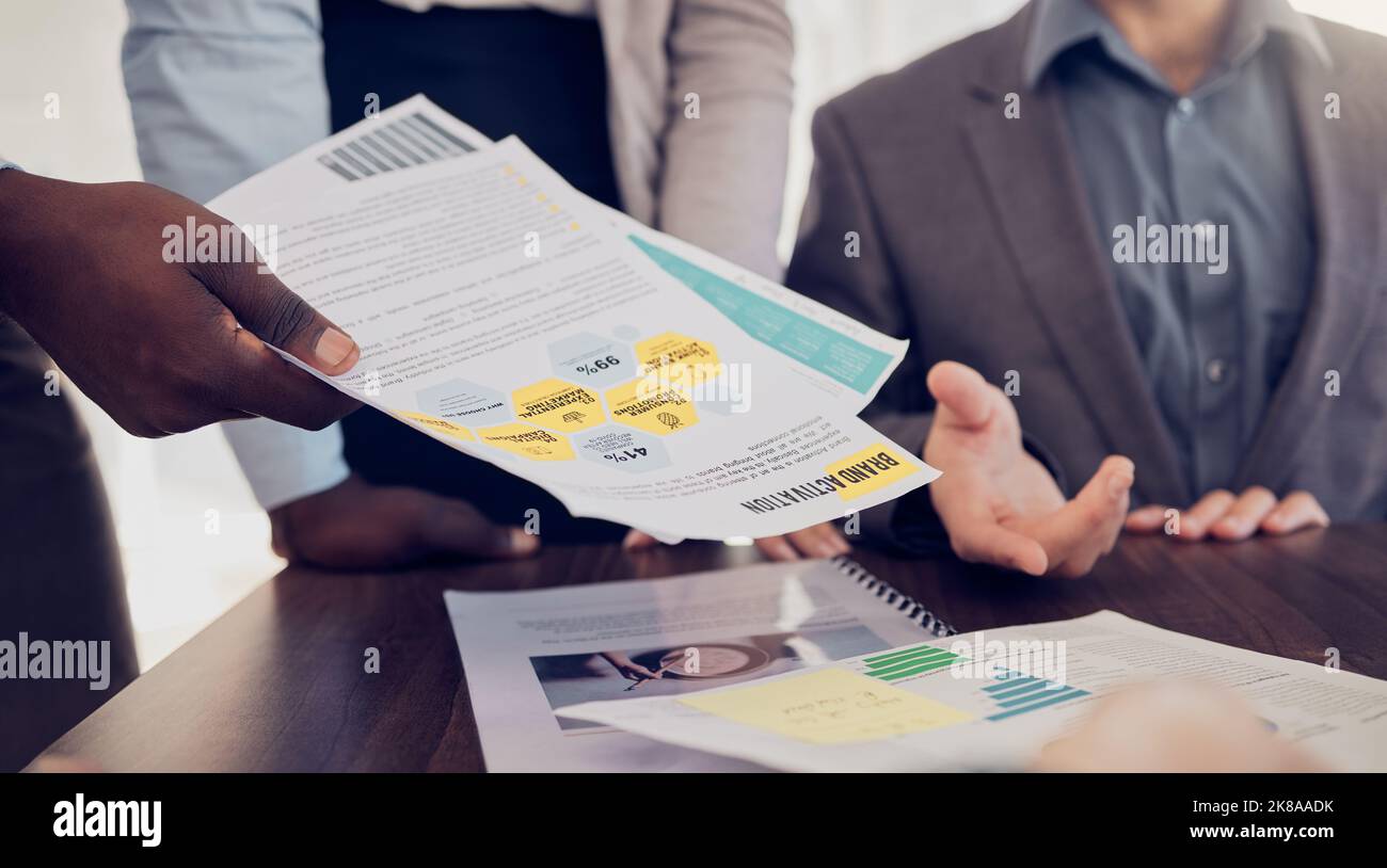 Business people hands, documents and marketing team planning, collaboration and analytics in ...