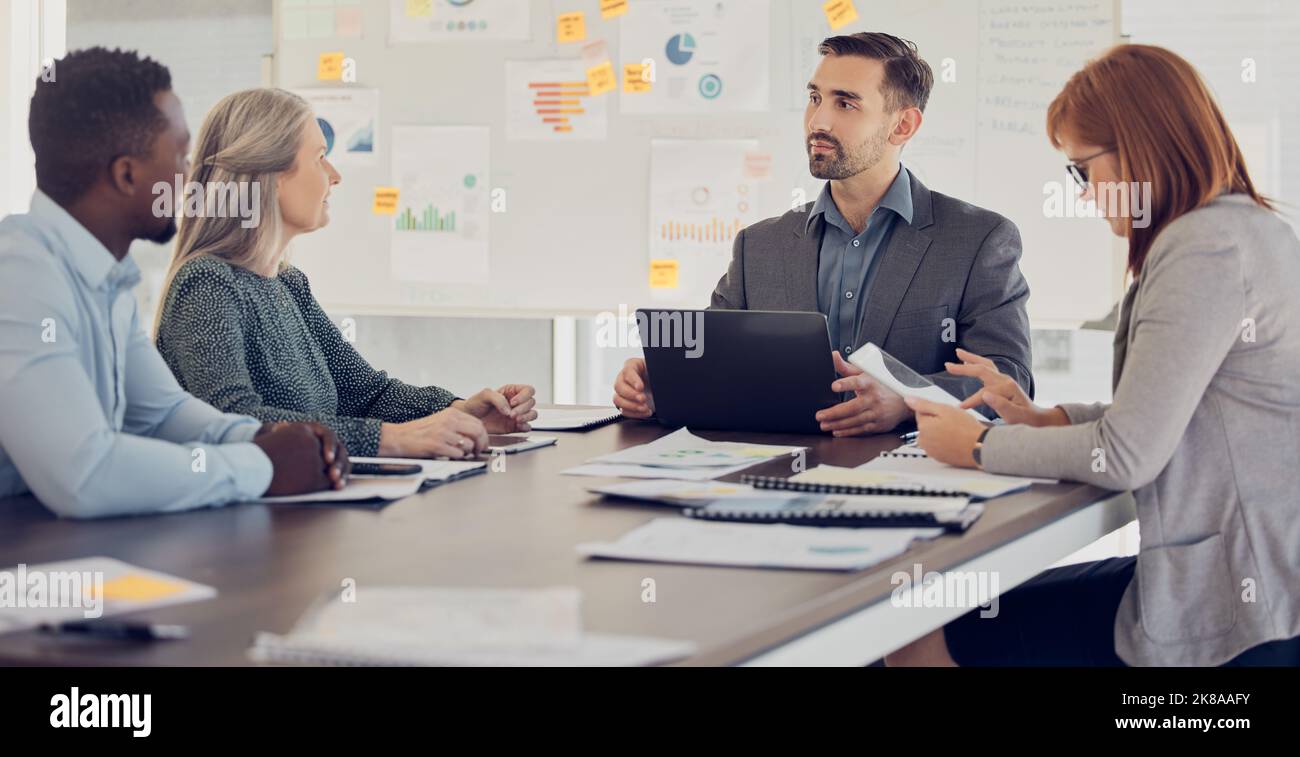 Diversity, business people and boardroom meeting with team and ...