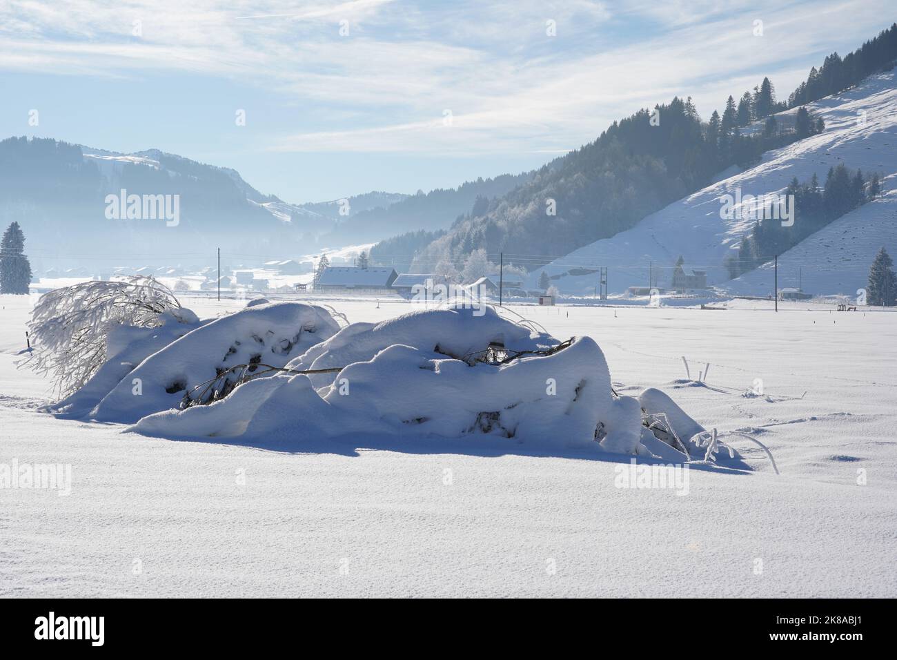 Steep mountains of alps and cross country skiing trail in resort Studen ...