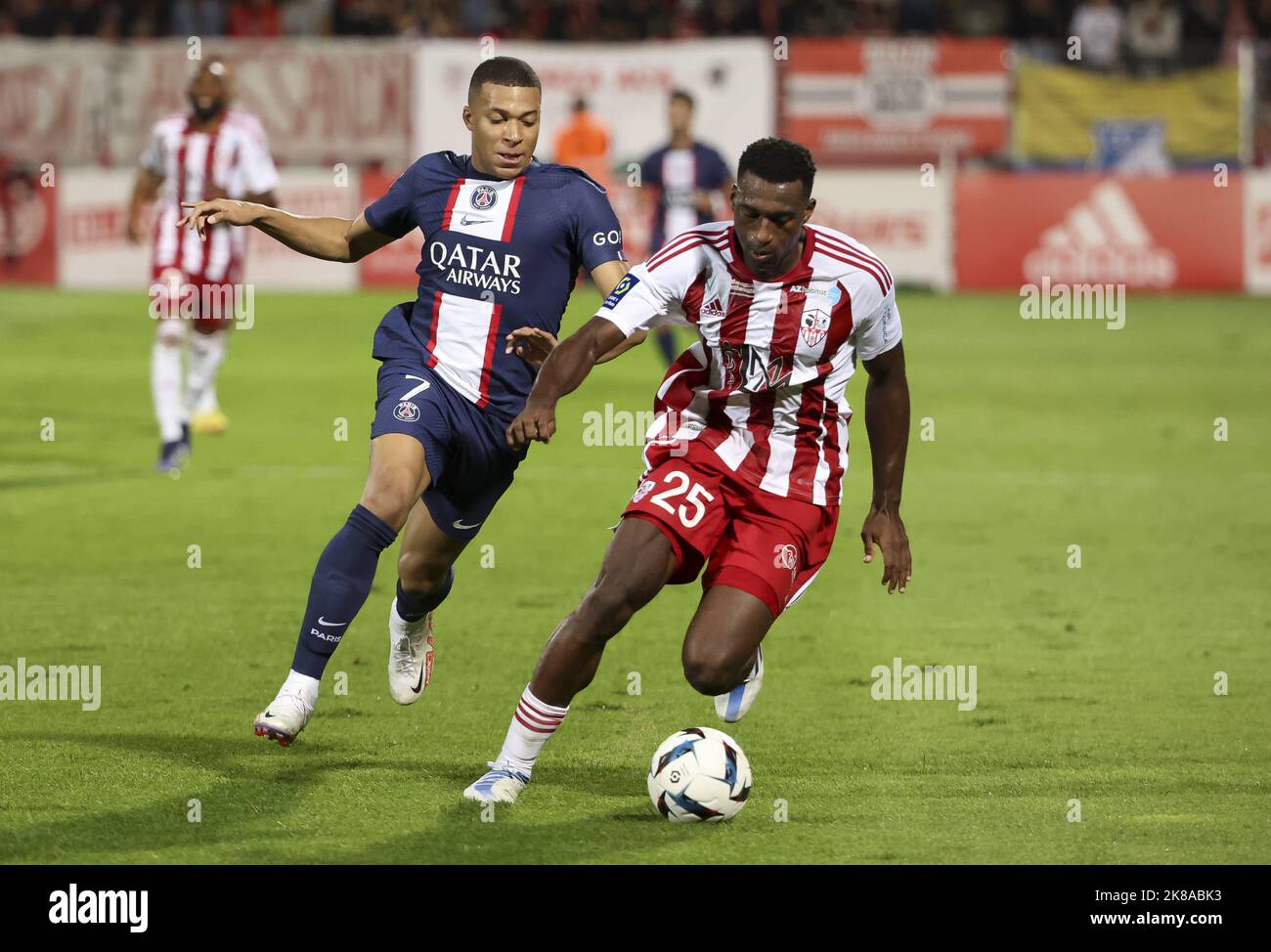 Oumar Gonzalez of Ajaccio, Kylian Mbappe of PSG (left) during the ...