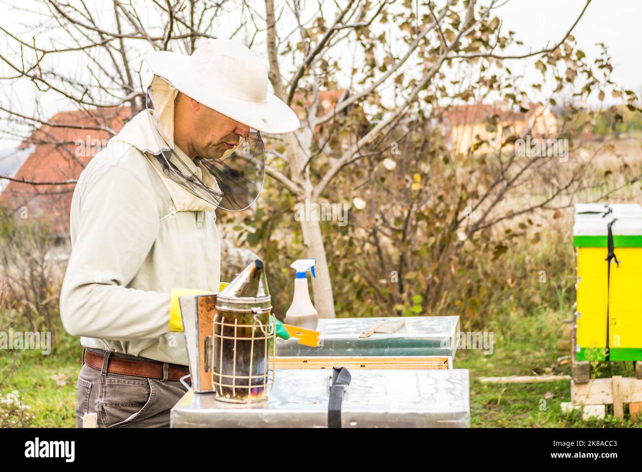 A man looking at a beehive in a meadow. A man looking at a beehive in a ...