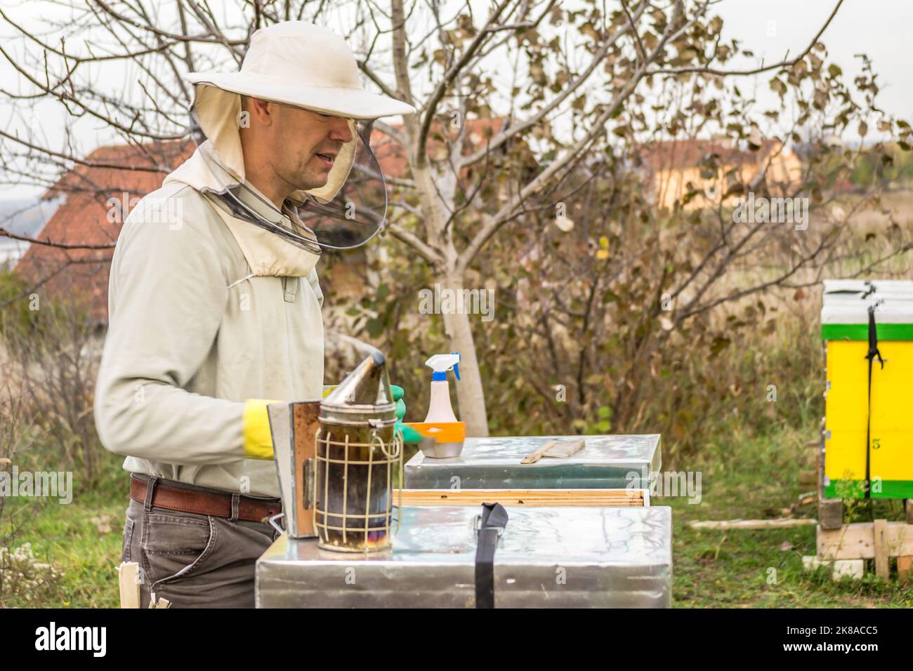 A man looking at a beehive in a meadow. A man looking at a beehive in a ...