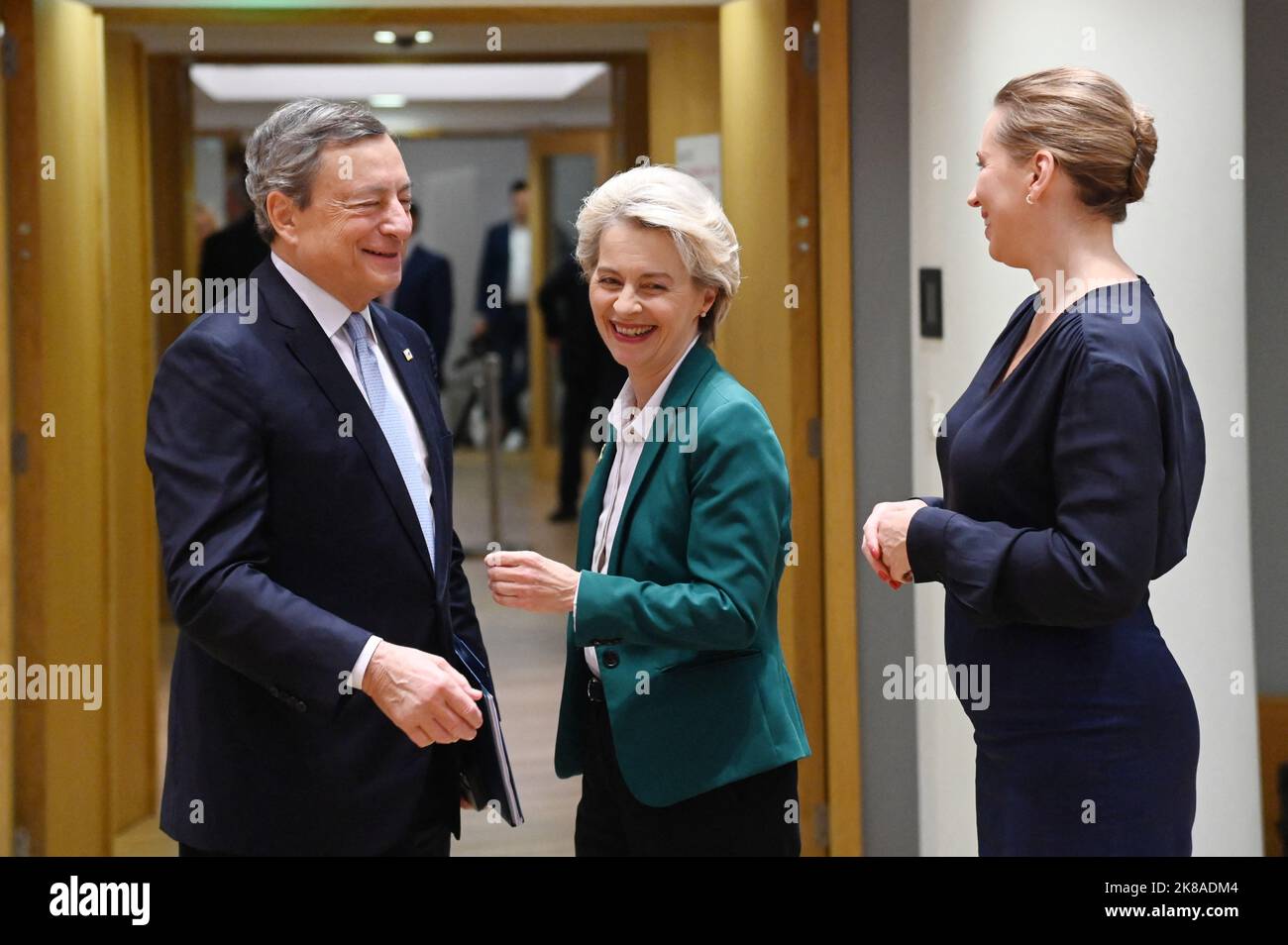 Italy Ex-Prime Minister Mario Draghi (left) laugh with Ursula von der ...