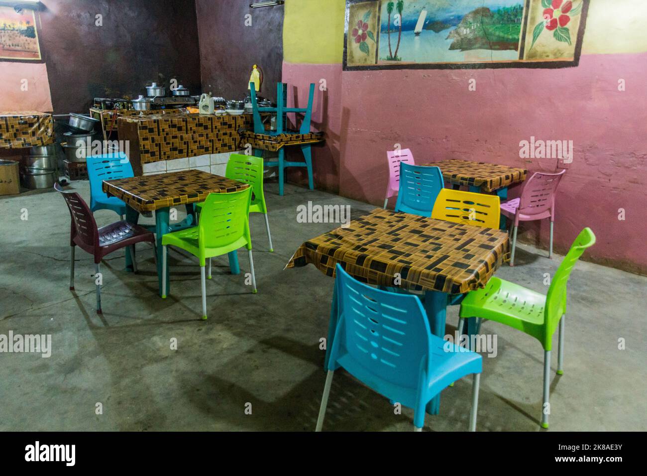 ABRI, SUDAN - FEBRUARY 25, 2019: Interior of a small restaurant in Abri ...