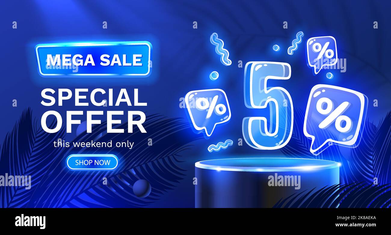 Mega sale special offer, Neon 5 off sale banner. Sign board promotion ...