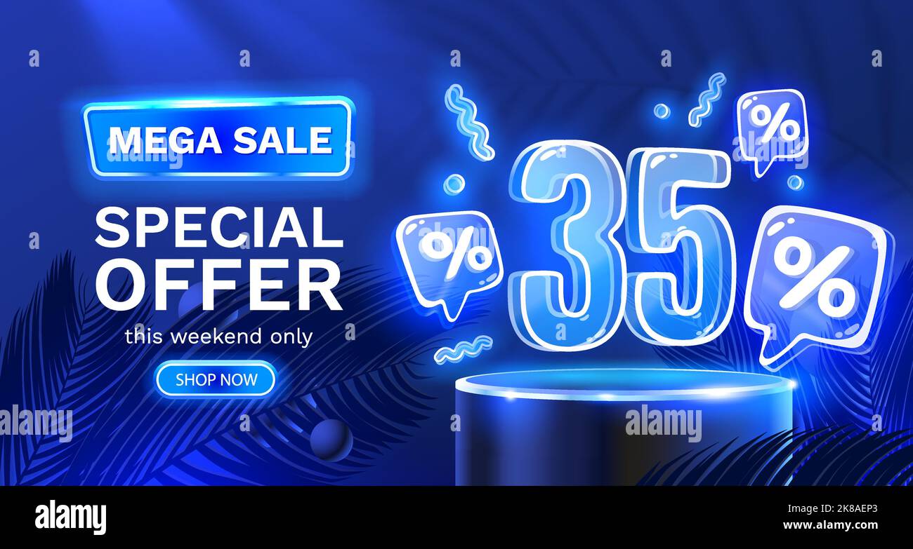 Mega sale special offer, Neon 35 off sale banner. Sign board promotion ...