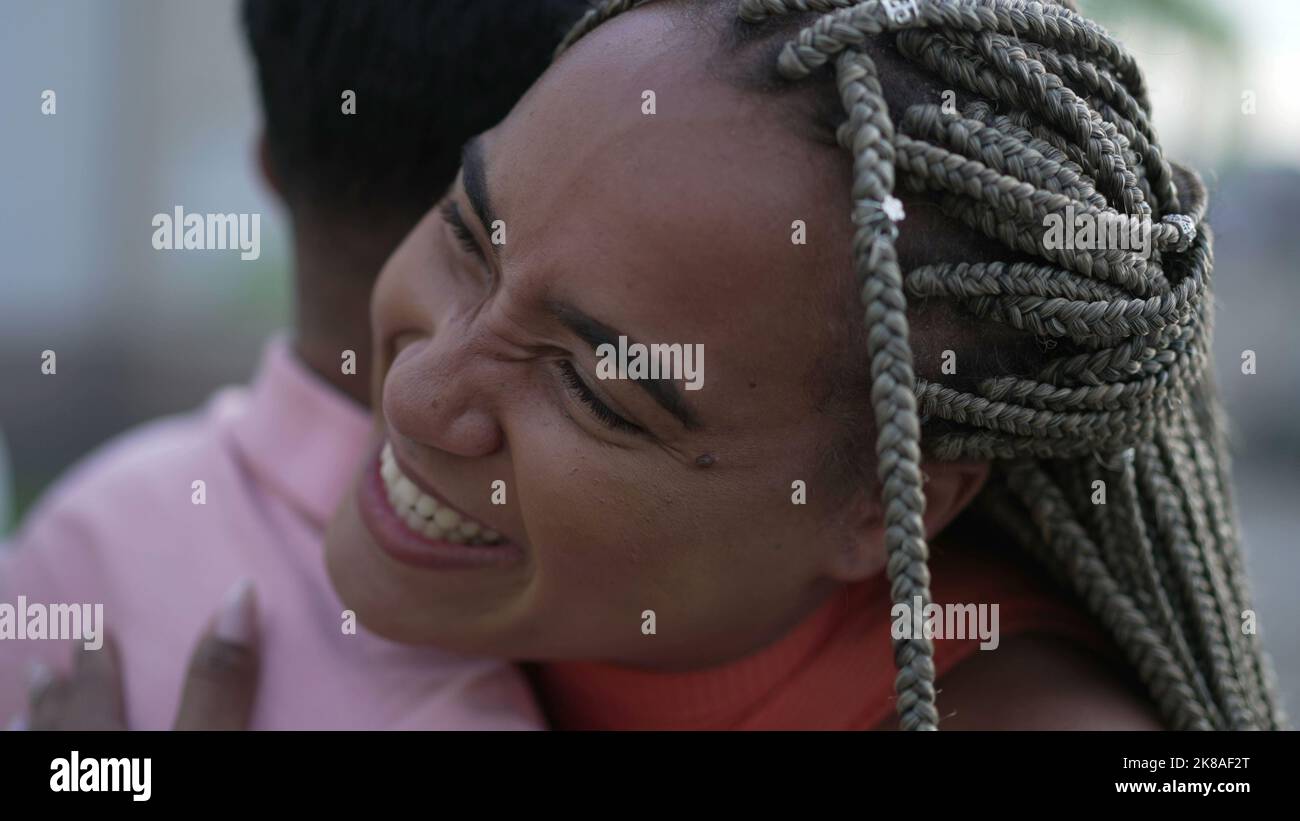 Two black friends happy reunion. Brazilian people embrace. South ...