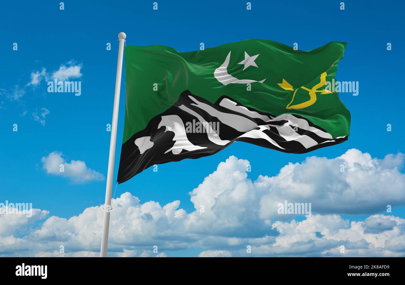 flag of Burusho people at cloudy sky background, panoramic view. flag ...