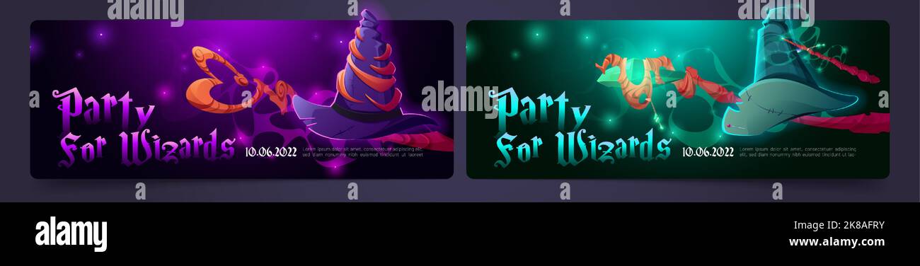 Wizard party banners with magic staff, wand and magician hat. Vector ...
