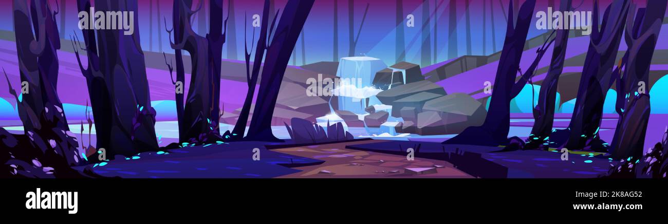 Summer forest with road, trees and cascade waterfall at night. Magic ...