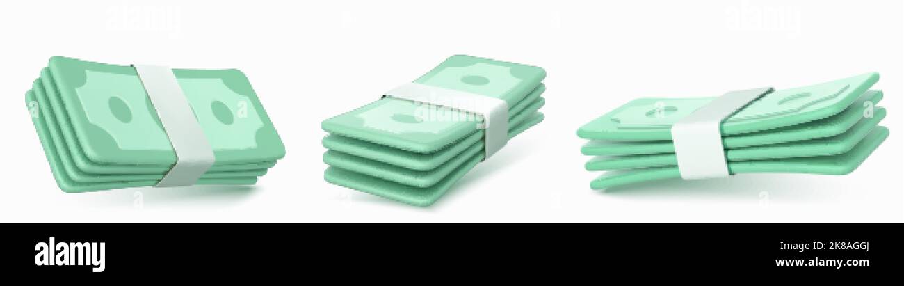 3d render money banknote piles side, front, angle view. Isolated green ...