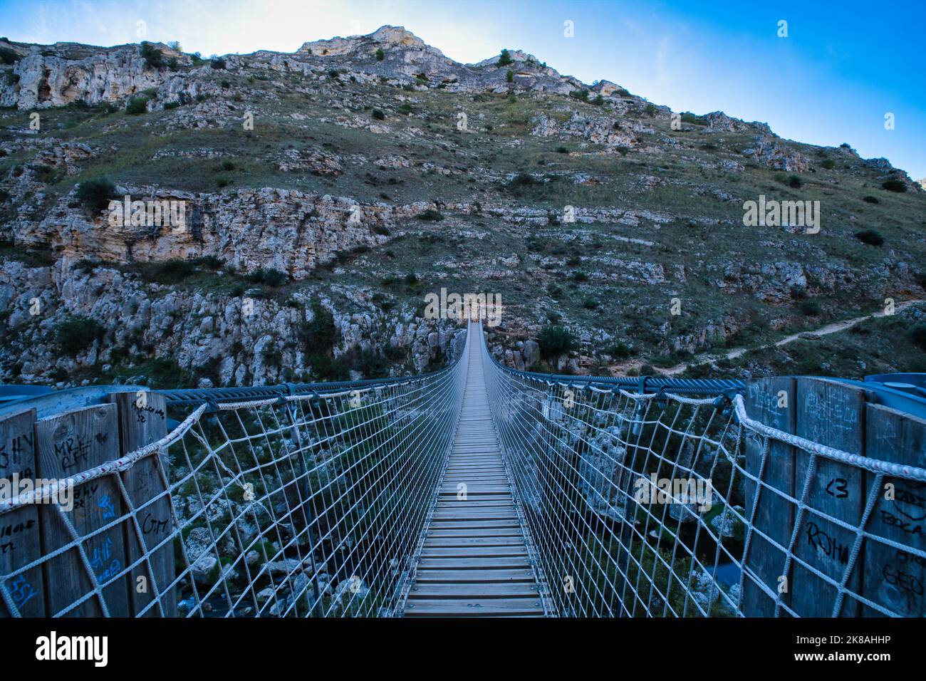View of the tibetan bridge that connect the town of Matera with the ...