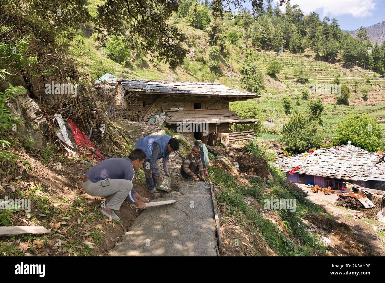 Village people volunteer to pave a walking path in a Himalayan village ...
