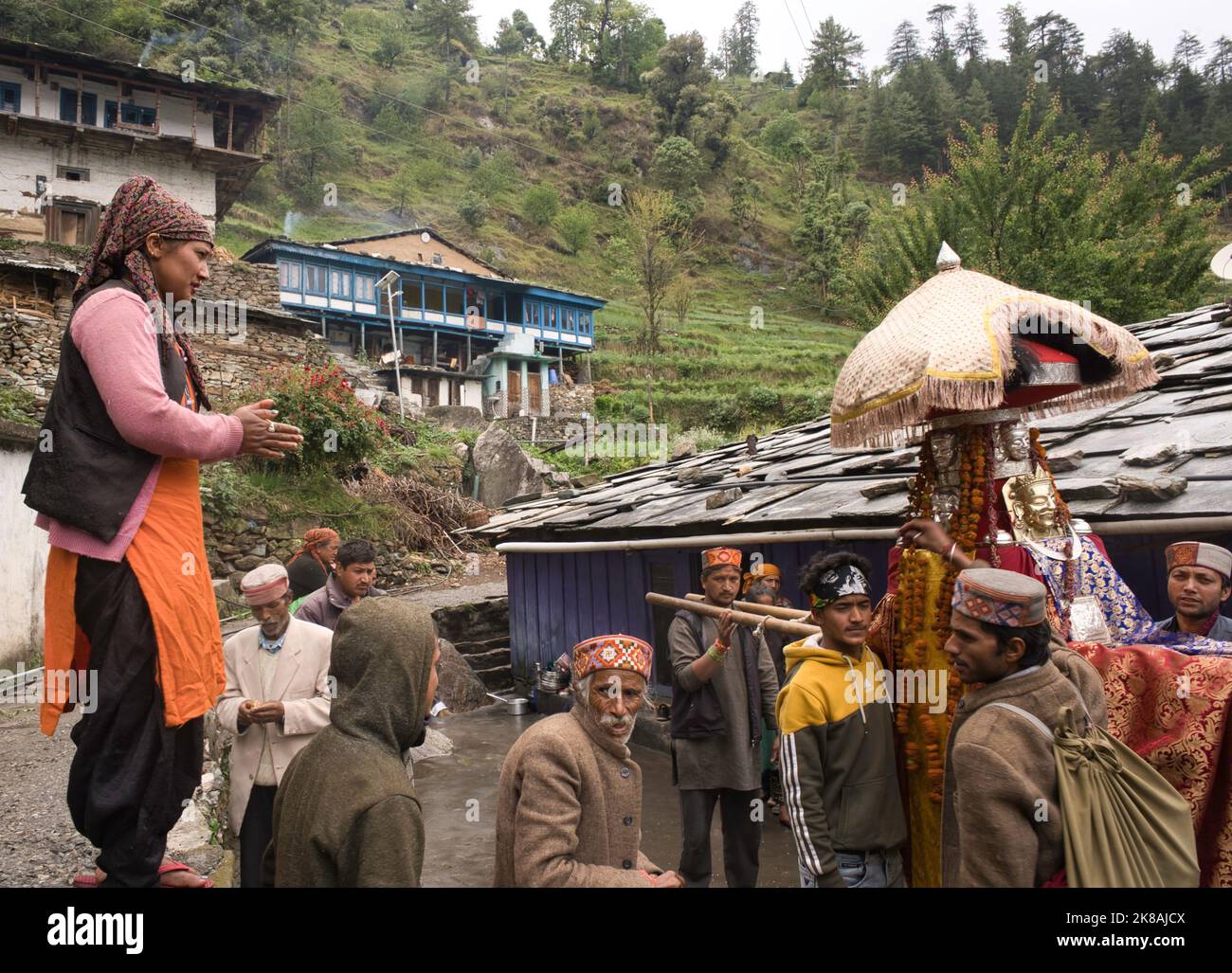 Traditional Himalayan deity Ma Ashapuri Devi on palanquin with devotees ...