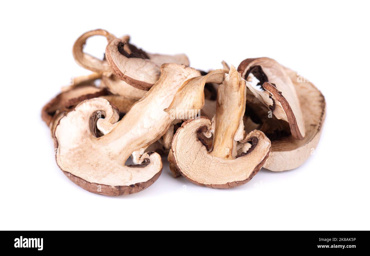 Dried sliced mushrooms isolated on white background. Dry champignons ...