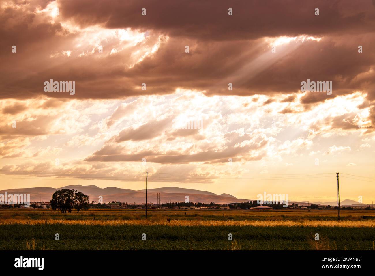 Dramatic morning scene. Warm toning effect. Beauty world plain view in ...