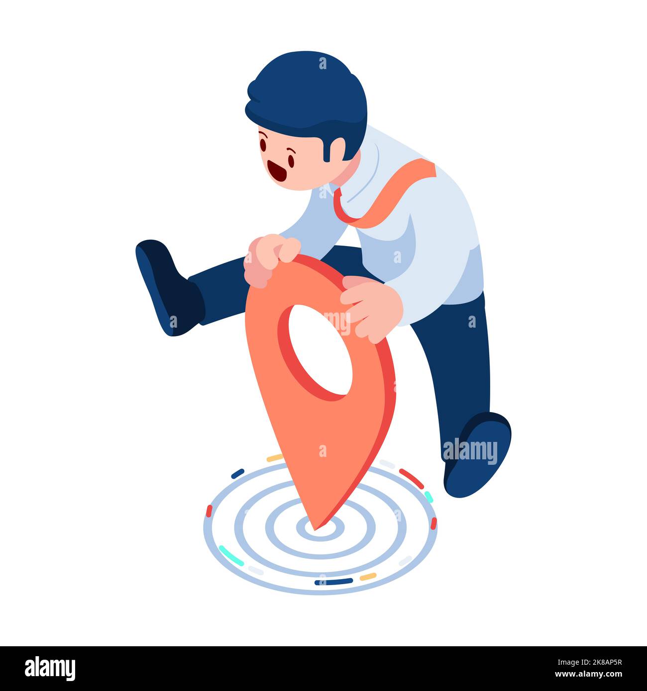 Flat 3d Isometric Businessman Stick Red Pin into The Ground. GPS ...