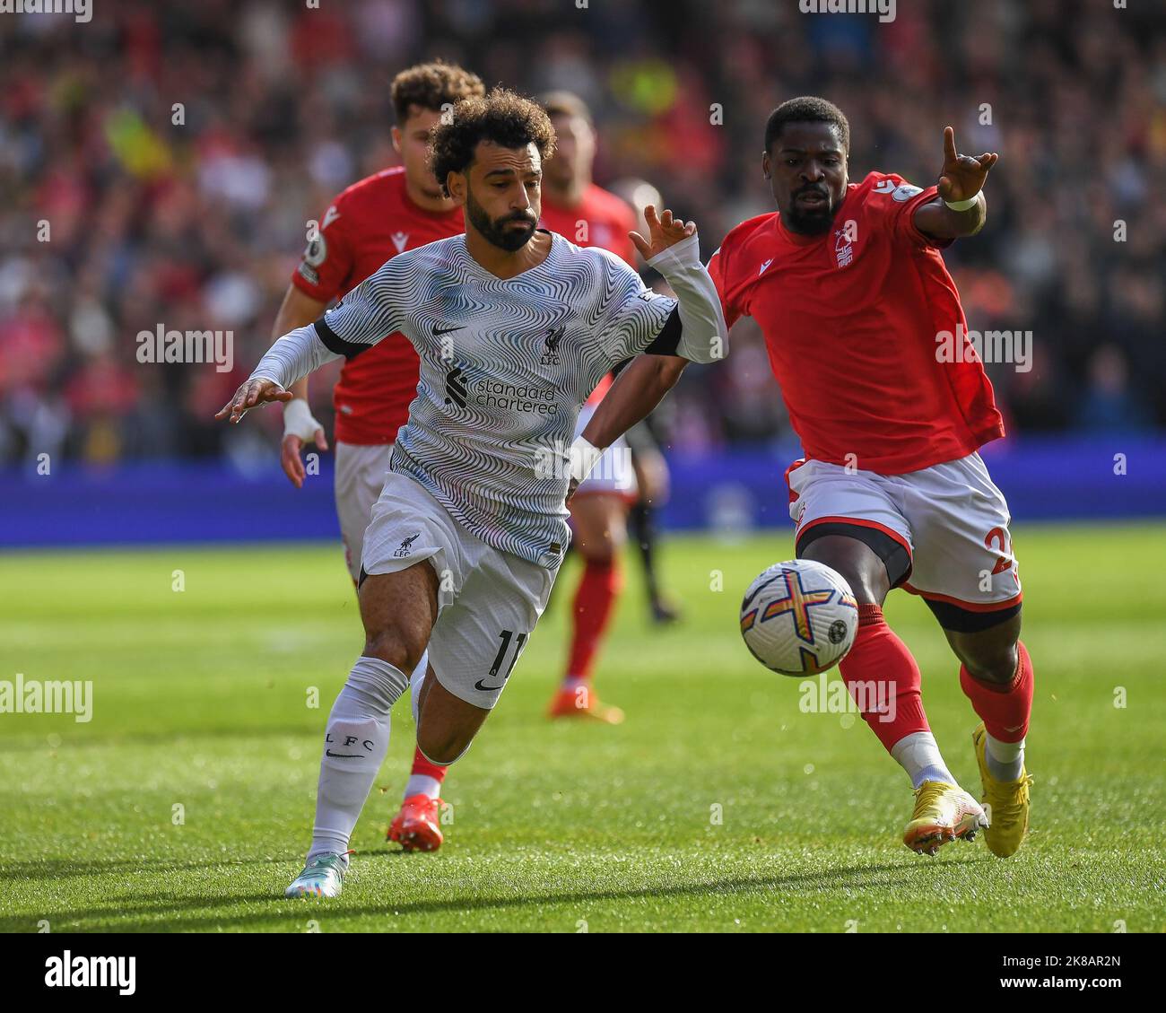 Nottingham, UK. 22nd Oct, 2022. Mohamed Salah #11 of Liverpool takes on ...