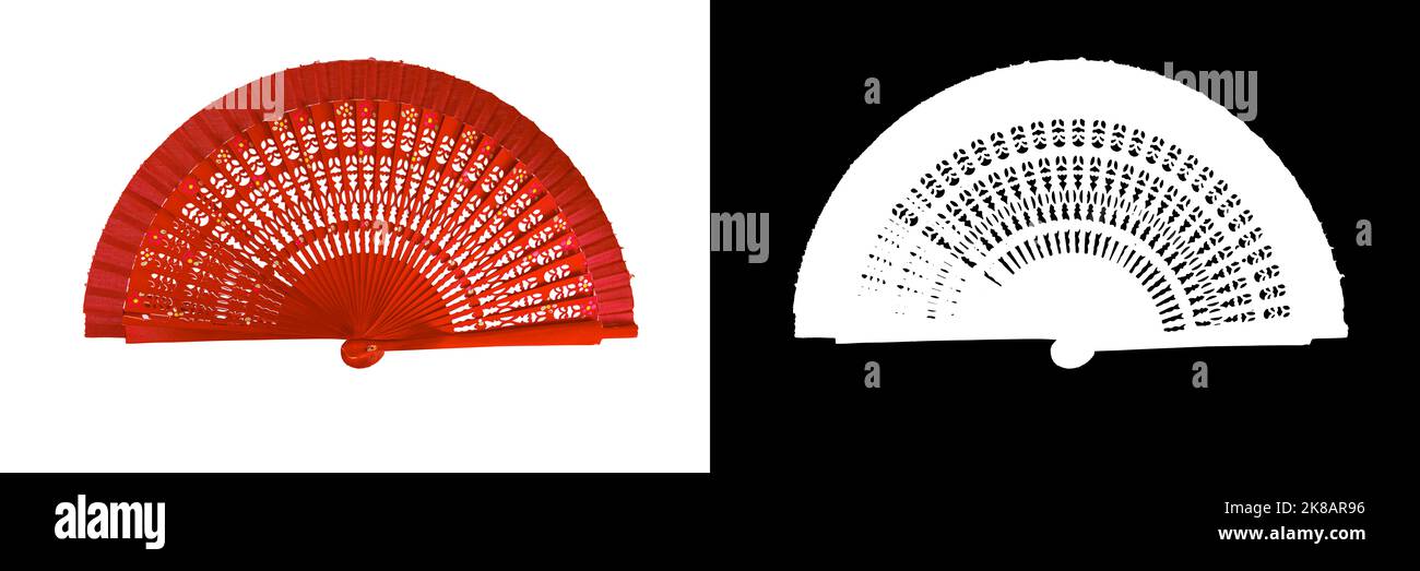 Spanish red open hand fan, decorated with floral motifs, isolated on ...