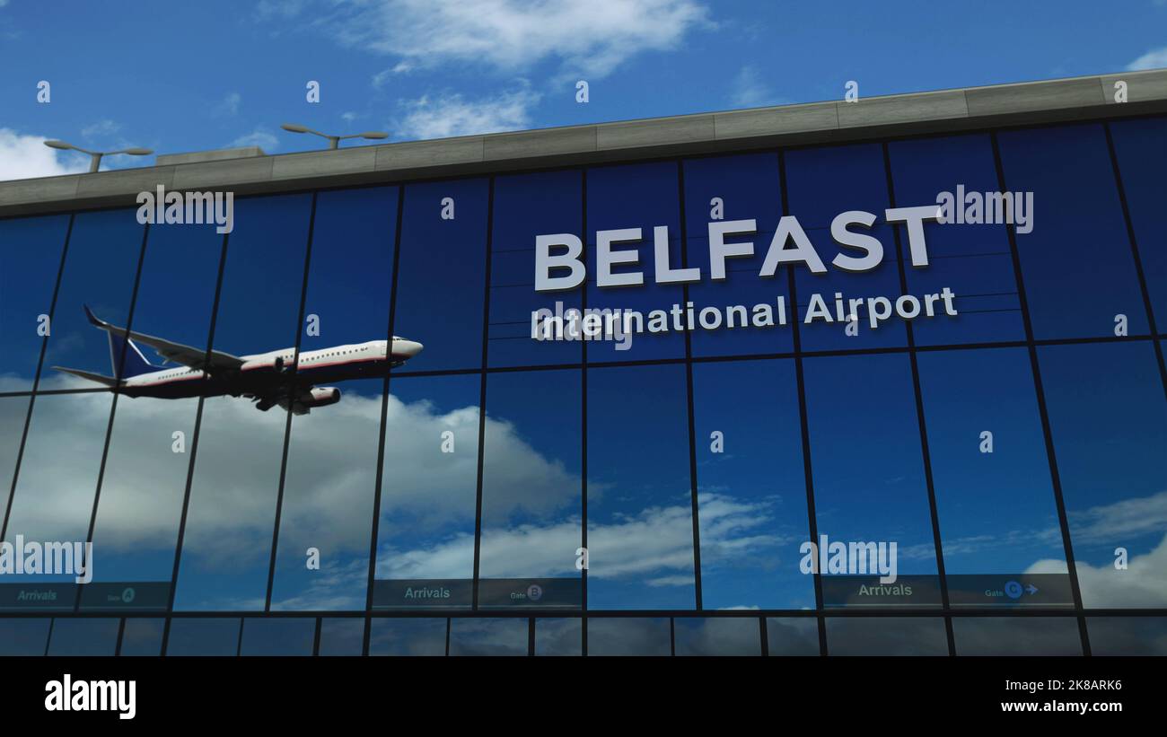 Aircraft landing at Belfast, Ireland 3D rendering illustration. Arrival ...