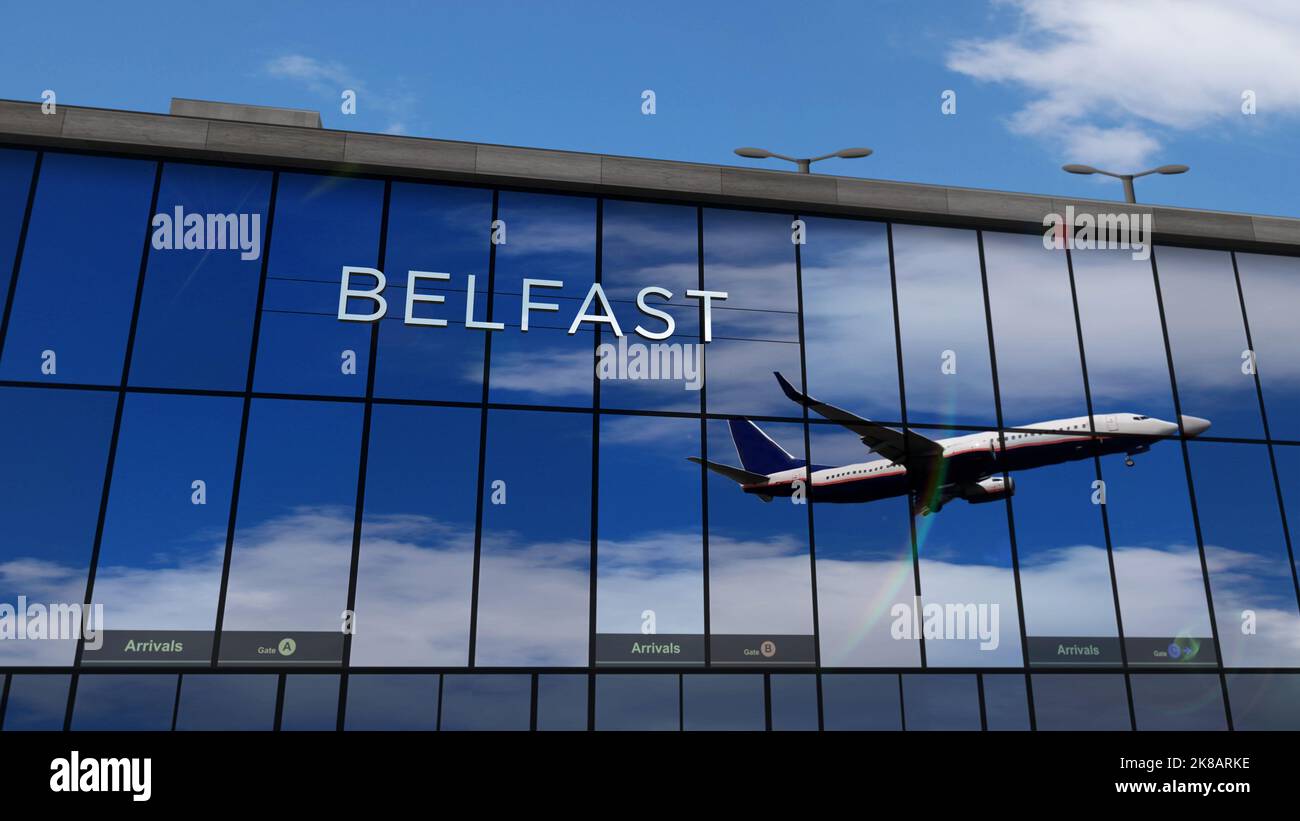 Aircraft landing at Belfast, Ireland 3D rendering illustration. Arrival ...