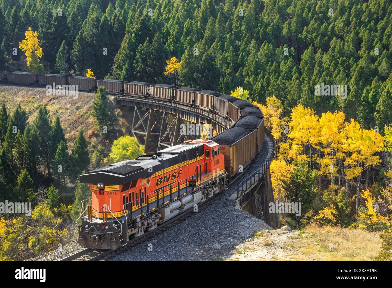 train passing over a high trestle below mullan pass in autumn near ...