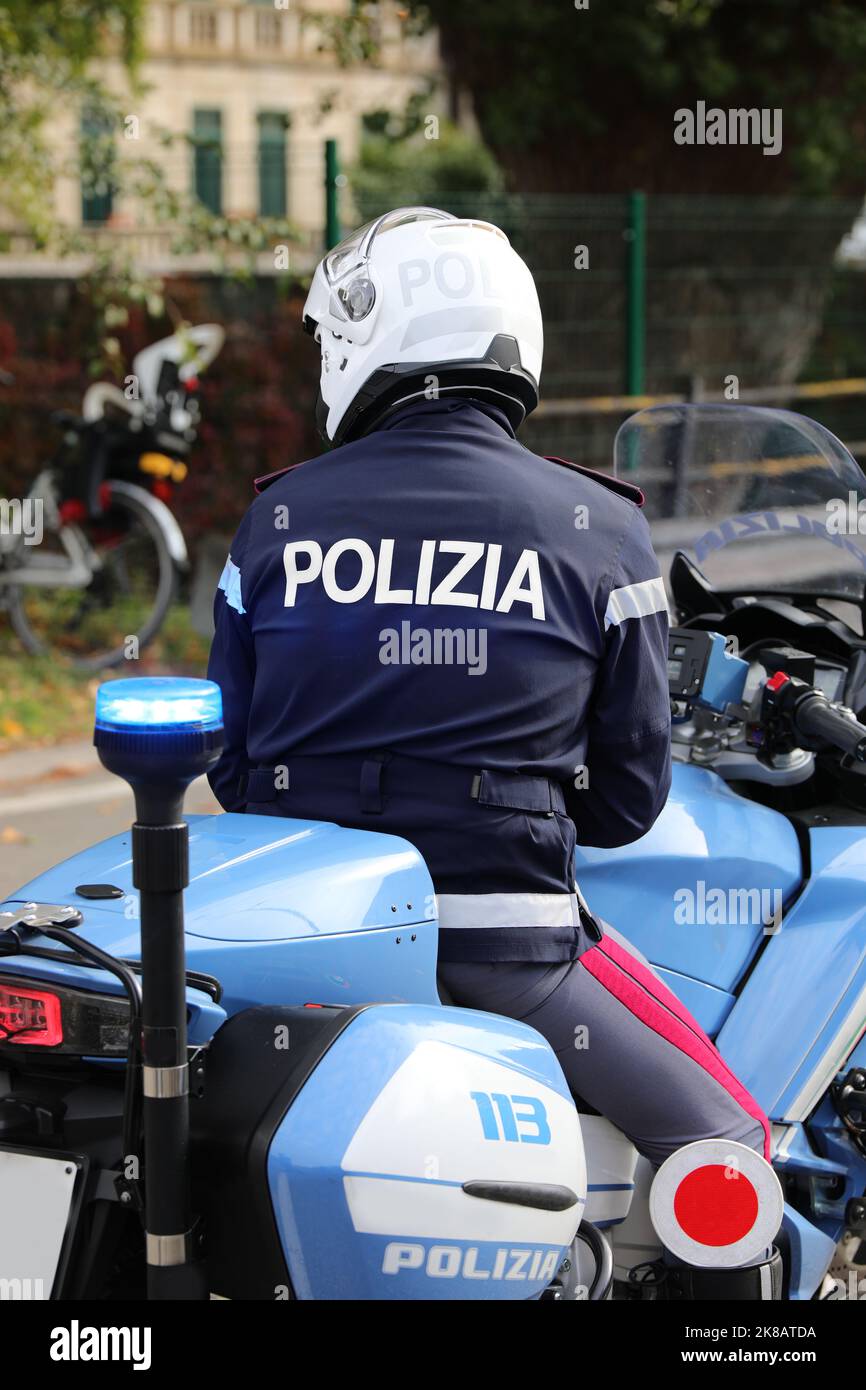 Vicenza, VI, Italy - October 9, 2022: biker policeman and text POLIZIA ...