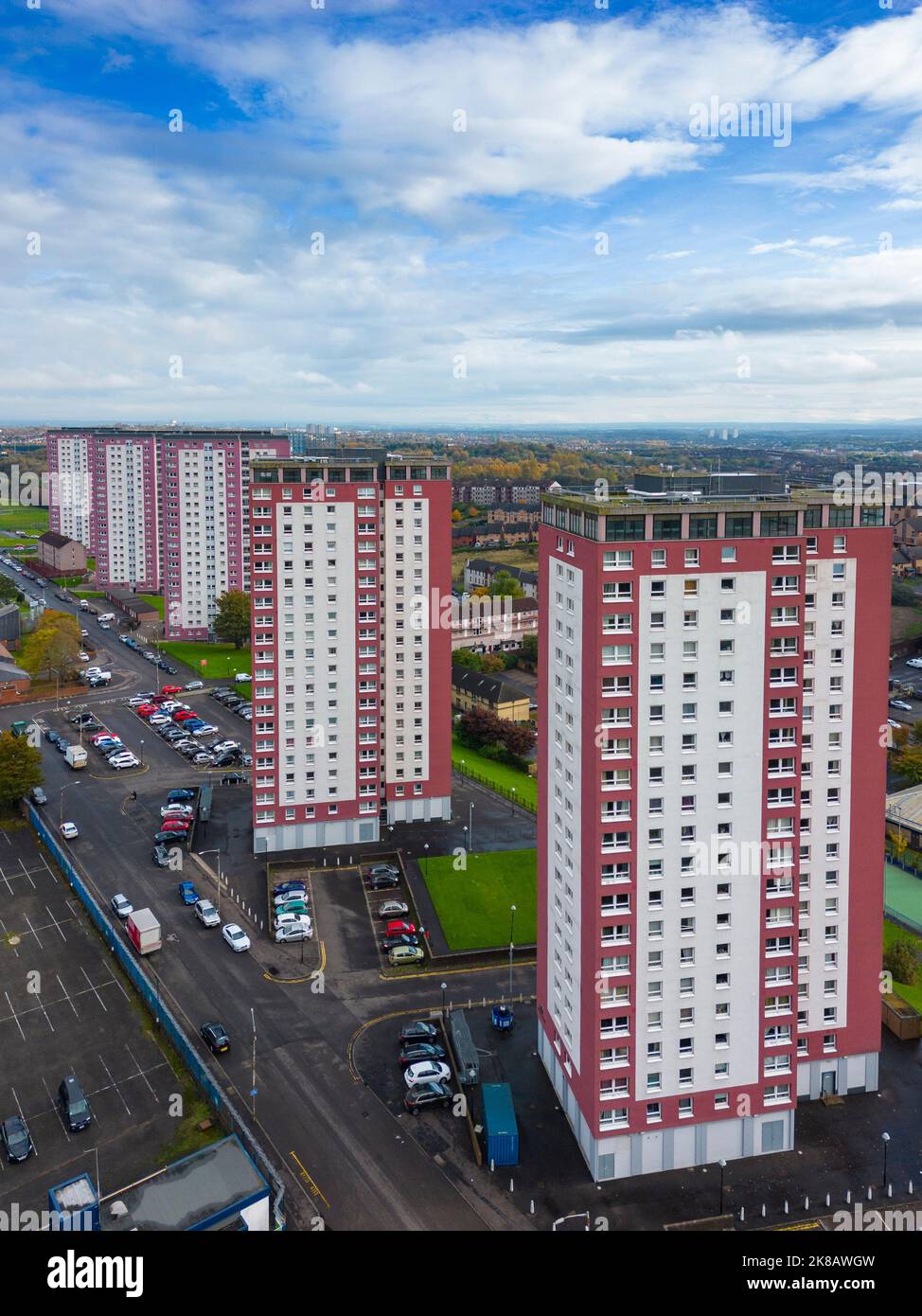 Aerial view of high rise blocks of flats at Royston in Glasgow ...