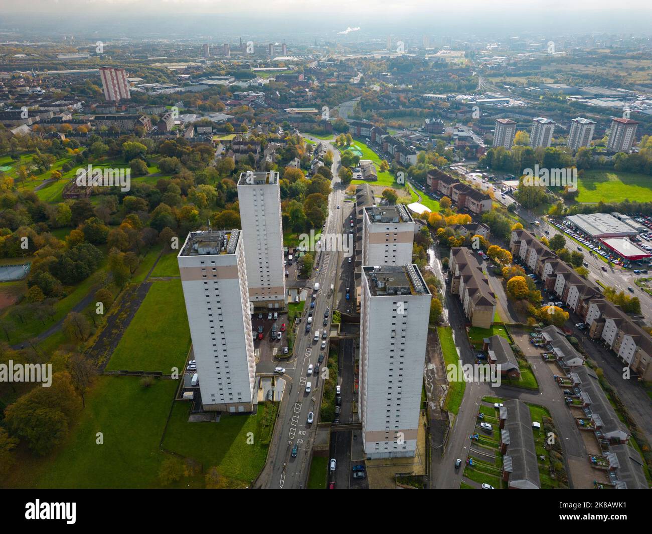 Aerial view of high rise blocks of flats at Springburn in Glasgow ...