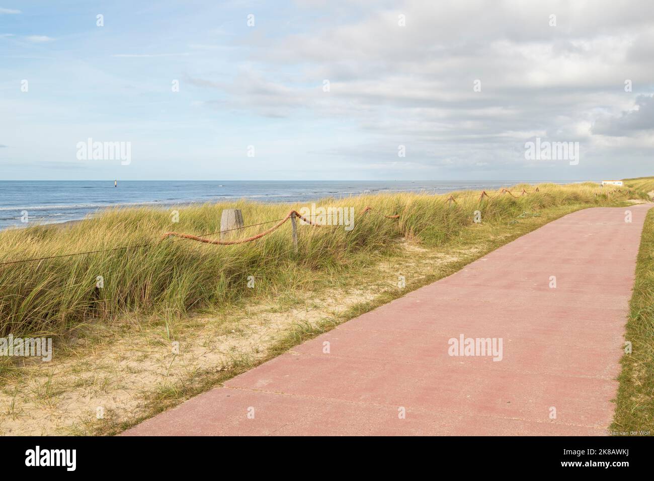 Footpath through the dunes along the coast on the Dutch island of Texel ...