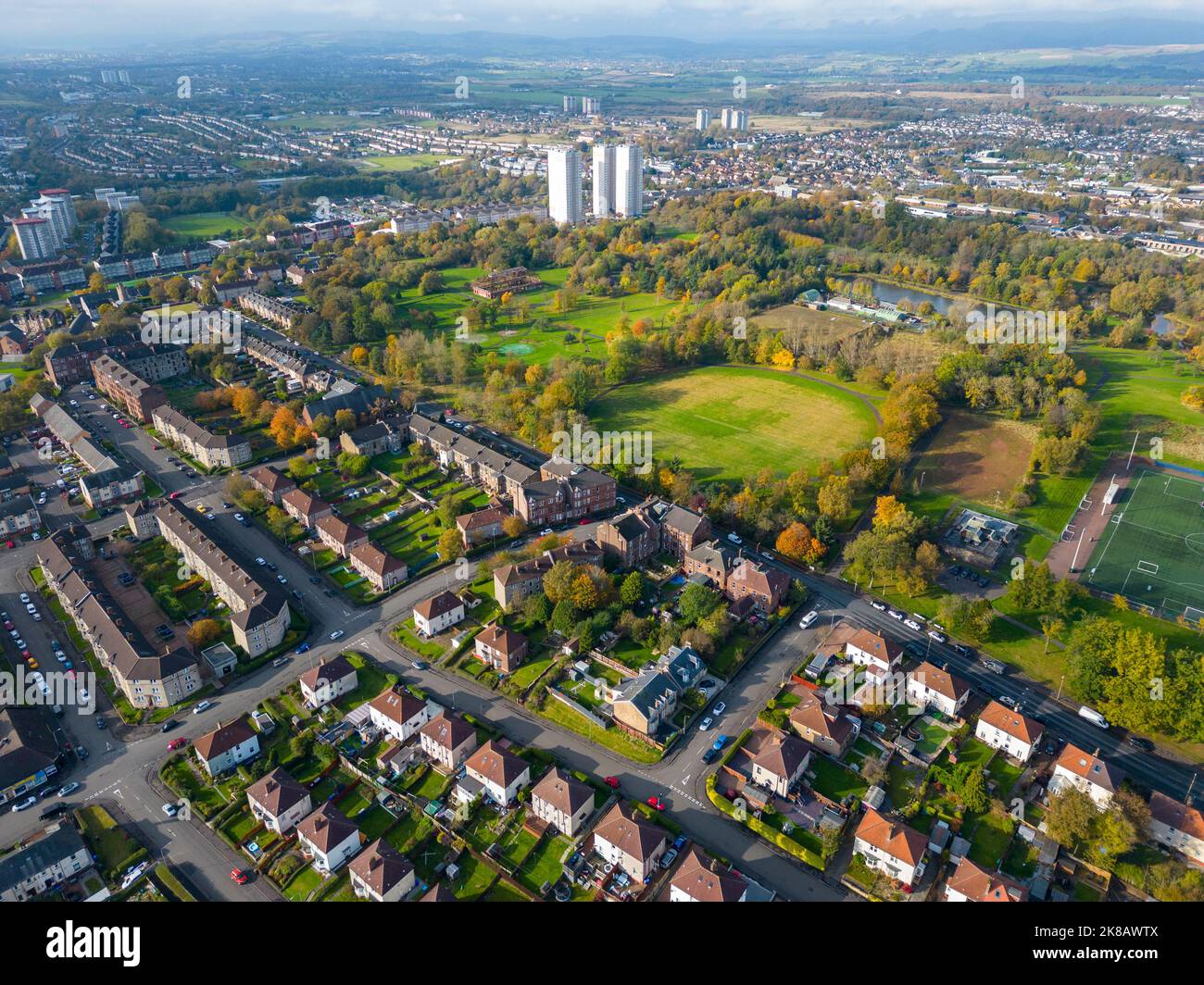 Aerial view of housing estate and Springburn Park in north Glasgow ...