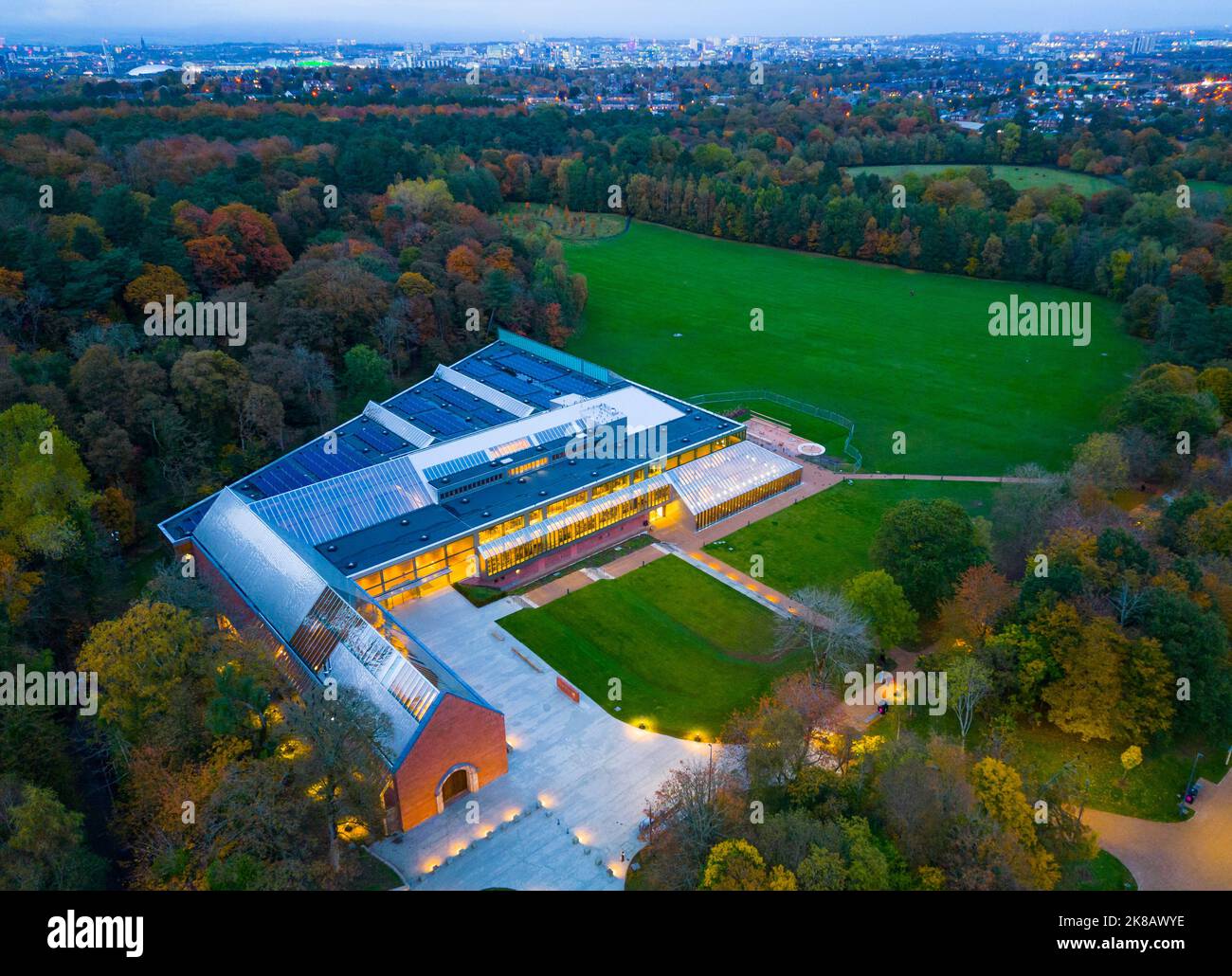 View of The Burrell Collection museum at dusk in Pollok Country Park ...