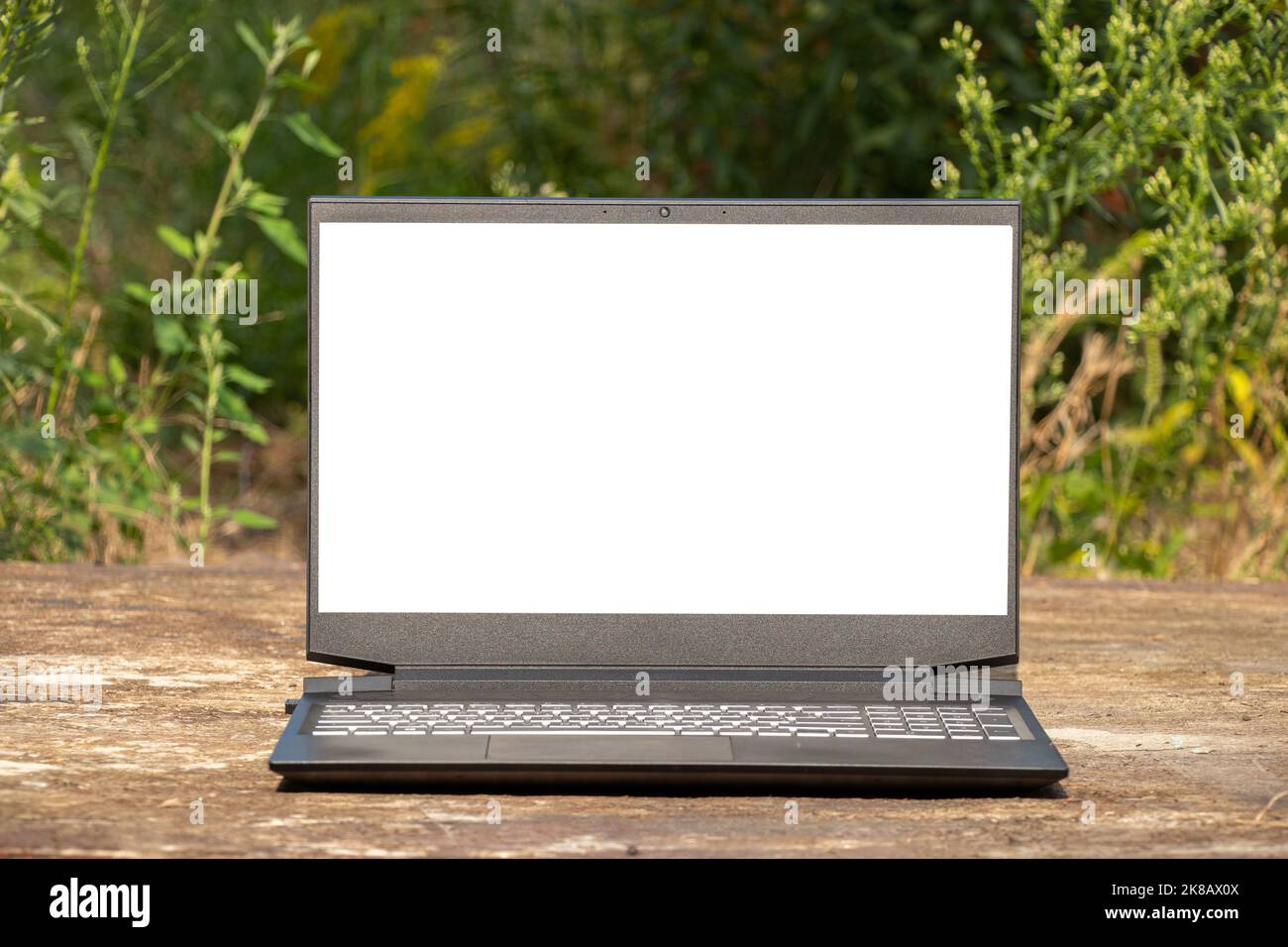 laptop with white screen on a wooden table in the park in the sun on a ...