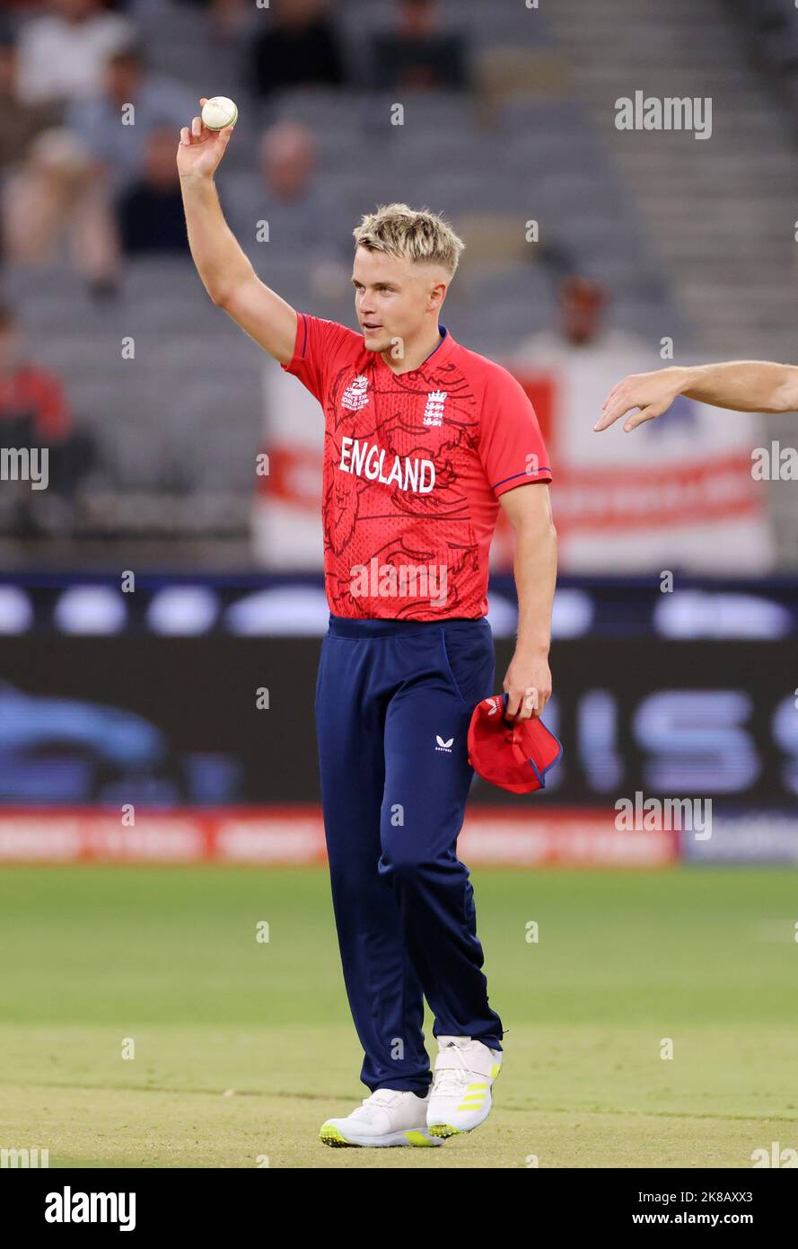 England bowler Sam Curran shows the ball after taking his 5th wicket ...
