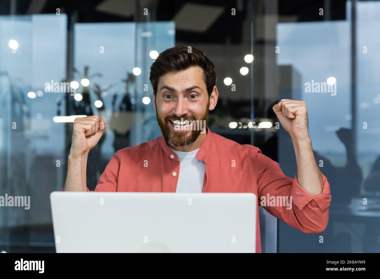 Close up of successful businessman, man celebrating victory and ...