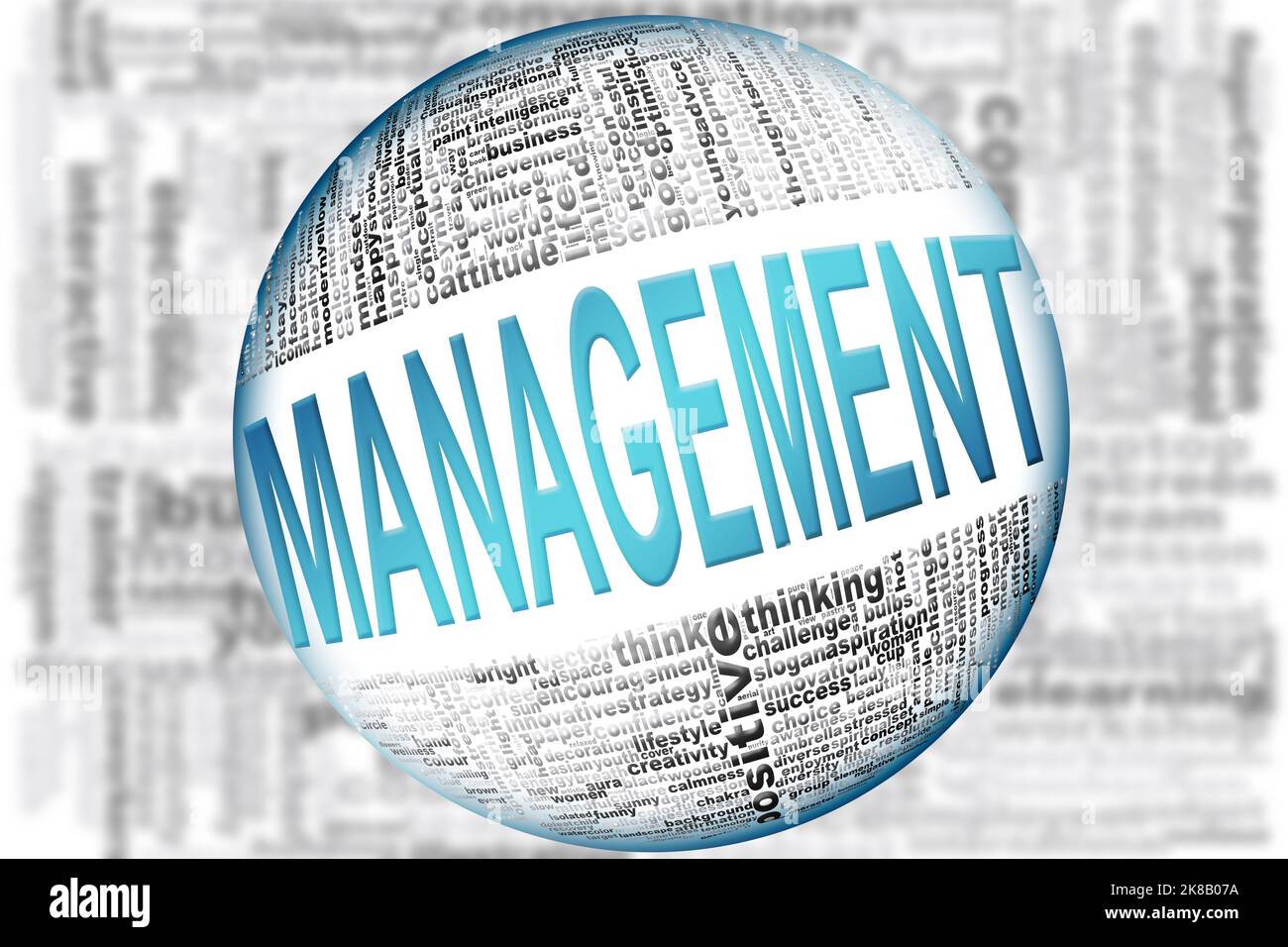 Management word on sphere word cloud, 3d rendering Stock Photo - Alamy
