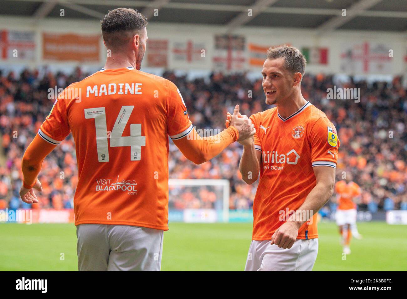Jerry Yates #9 of Blackpool celebrates his goal to make it 3-1 during ...