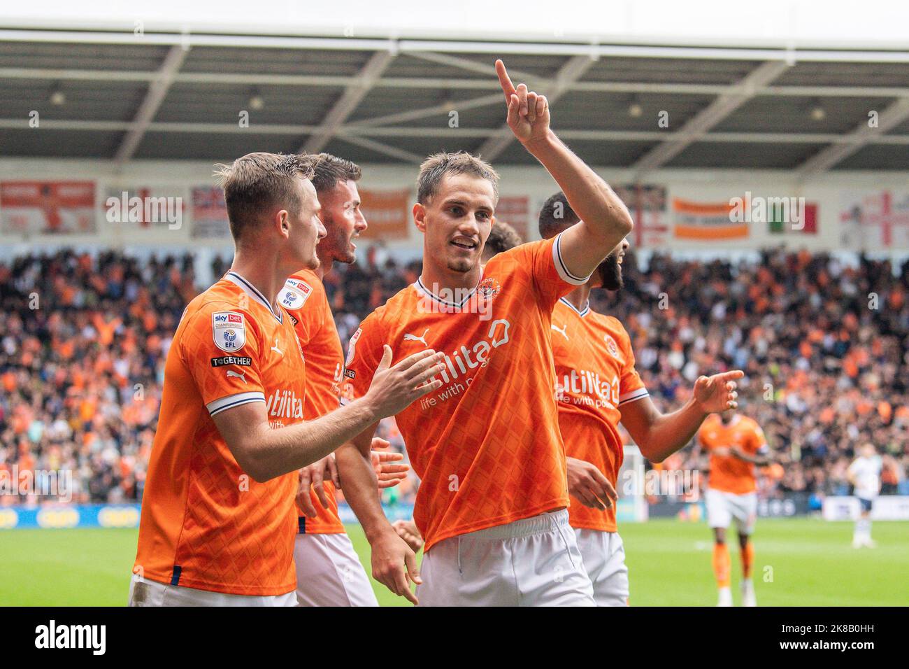 Jerry Yates #9 of Blackpool celebrates his goal to make it 3-1 during ...