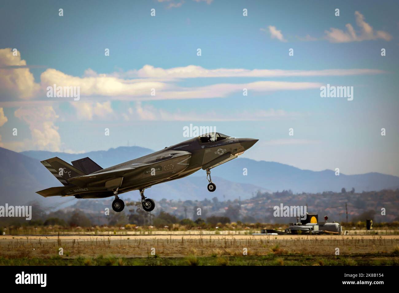 A Lockheed Marting F-35 Lightning II lands after participating in the Marine Air-Ground Task ...